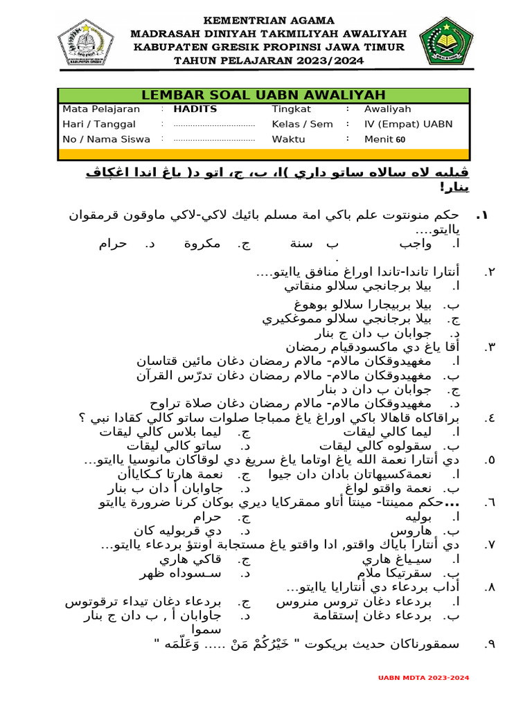 Soal Hadist Uabn Mdta Tahun 2023-2024 | PDF