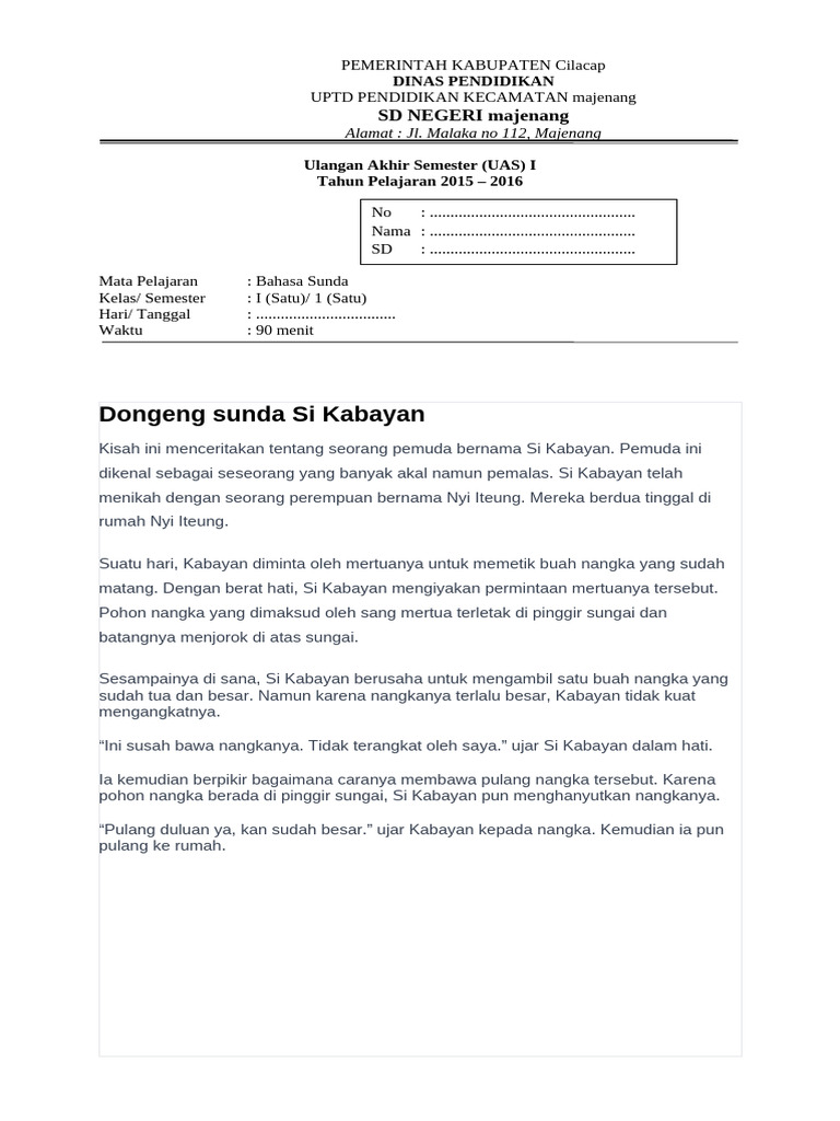 UAS Bahasa Sunda Kelas 1: Si Kabayan | PDF