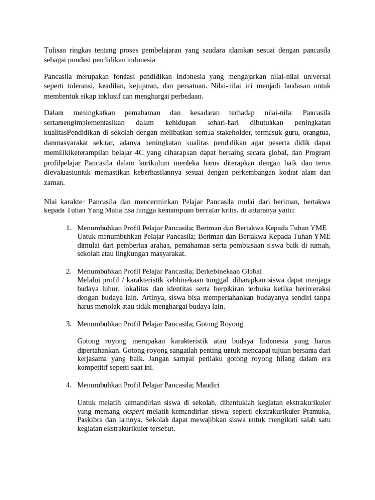 Tulisan Ringkas Tentang Proses Pembelajaran Yang Saudara Idamkan Sesuai ...