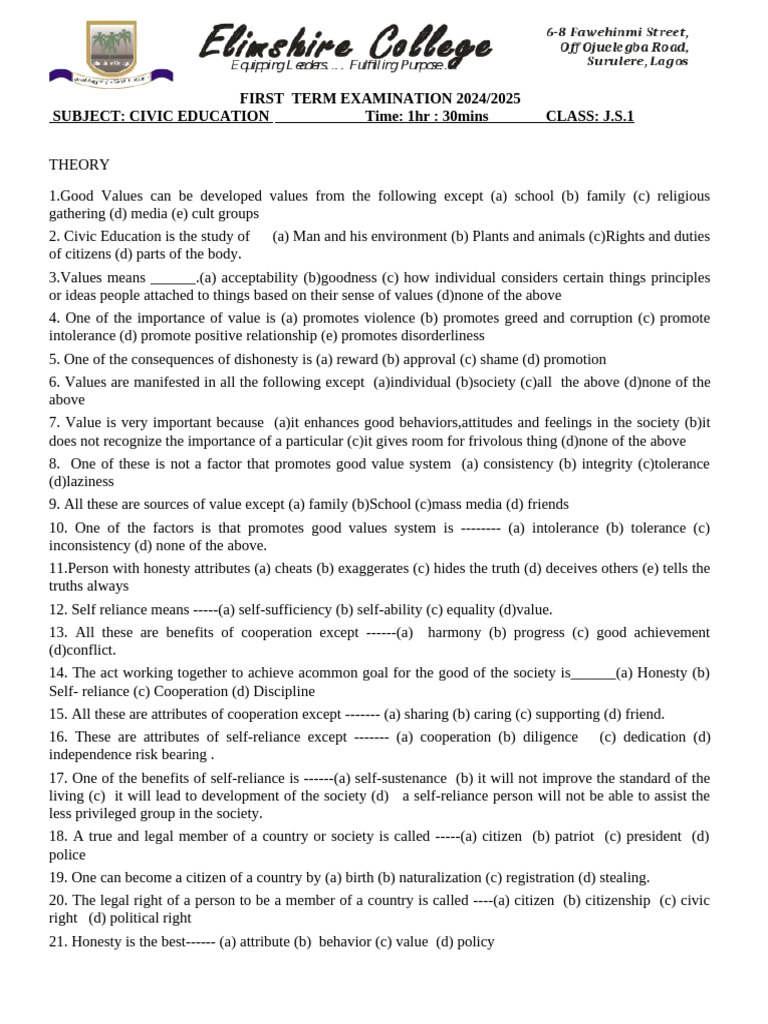 Elimshere CIVIC EDUCATION JS1-2 2024-2025 - Copy | PDF | Sexually Transmitted Infection ...