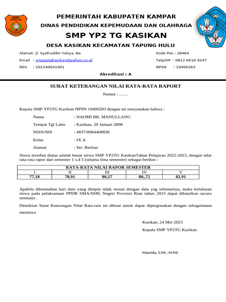 Surat Keterangan Niai Rata-Rata Rapor | PDF