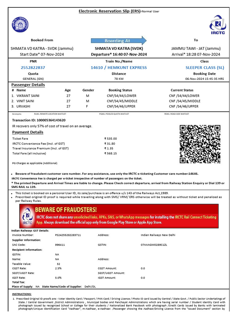 Vinit Bhaiya Ticket SVDK To Jammu Tavi | PDF | Identity Document | Payments