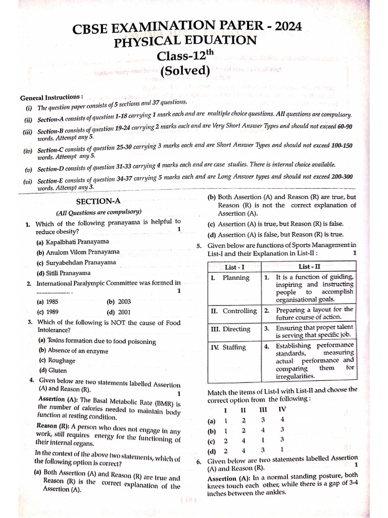 Physical Education 2024 Question Paper | PDF