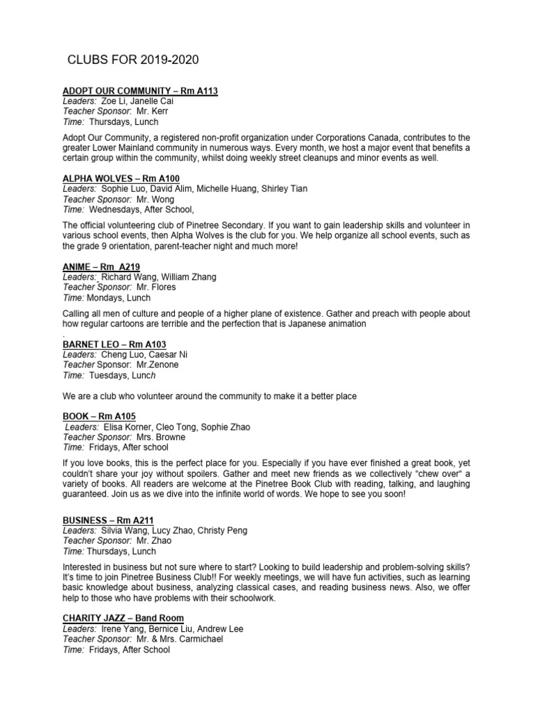 Clubs for 2019-2020 | PDF | Science | Teachers