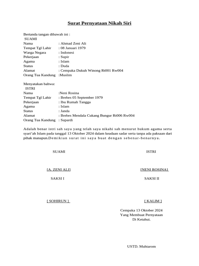 Surat Pernyataan Nikah Siri | PDF
