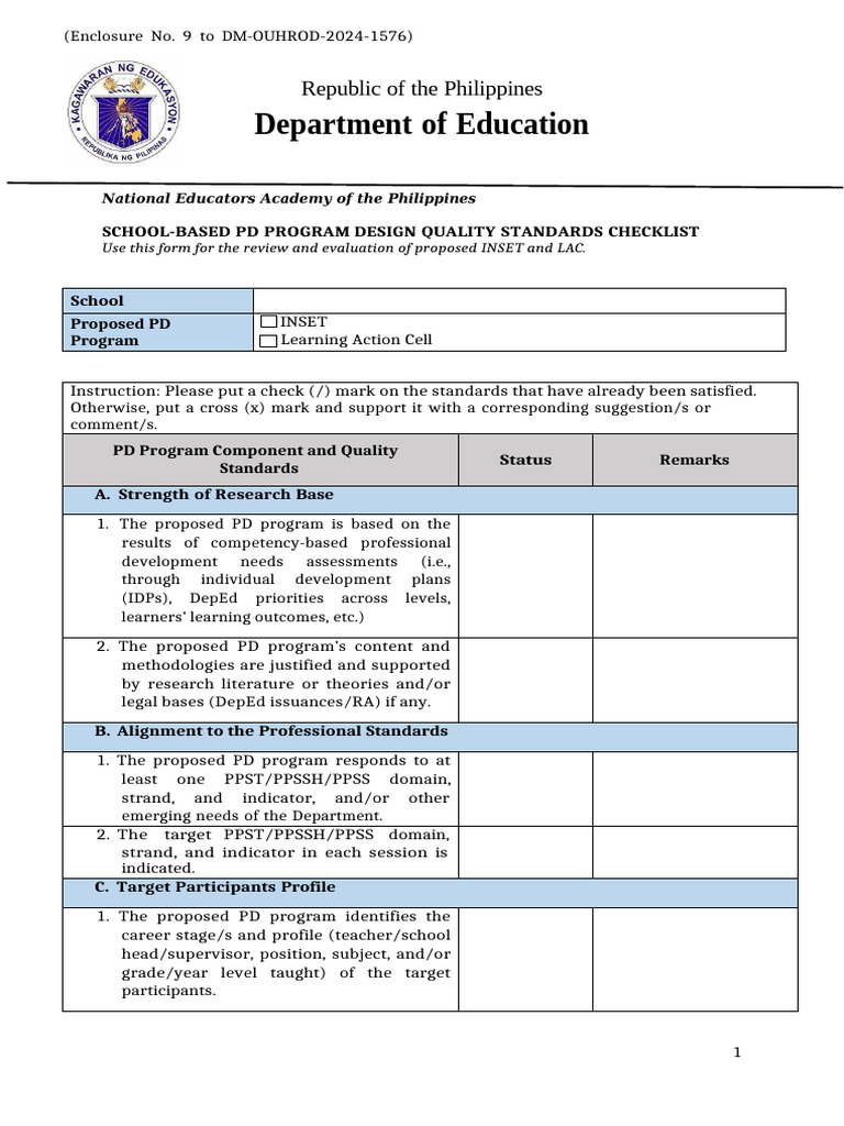 School-Based PD Program Quality Checklist | PDF | Educational ...