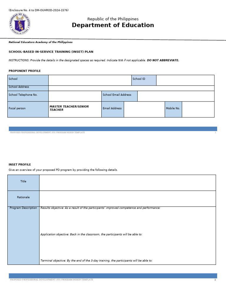 Enclosure No. 4 School-Based INSET Plan | PDF | Teachers | Human Communication
