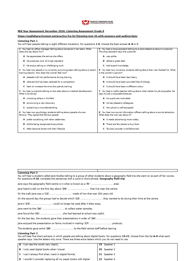 Grade 8 Listening Assessment Guide | PDF
