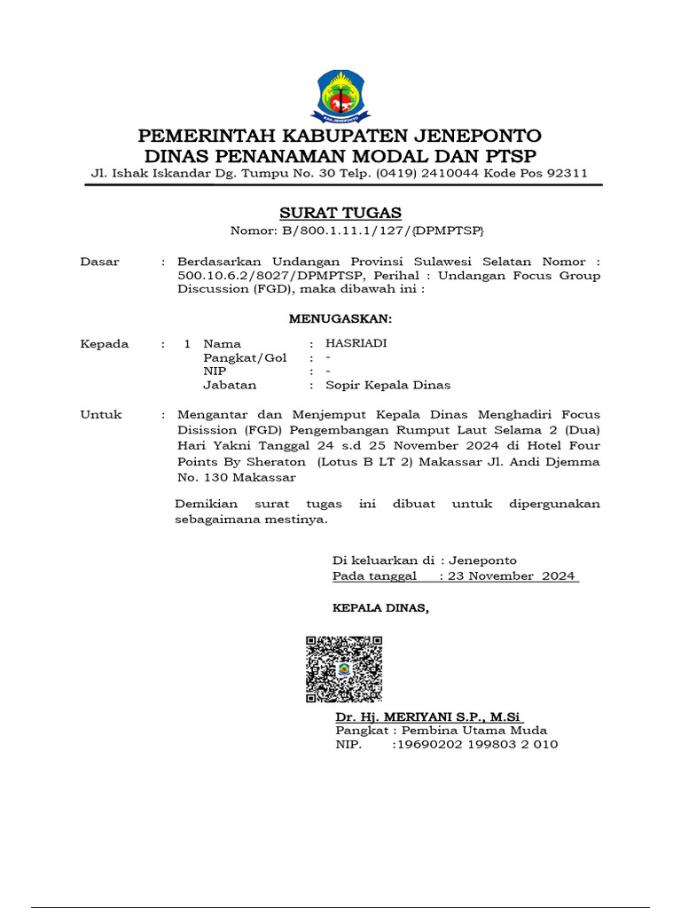 Surat Tugas FGD Rumput Laut Makassar | PDF
