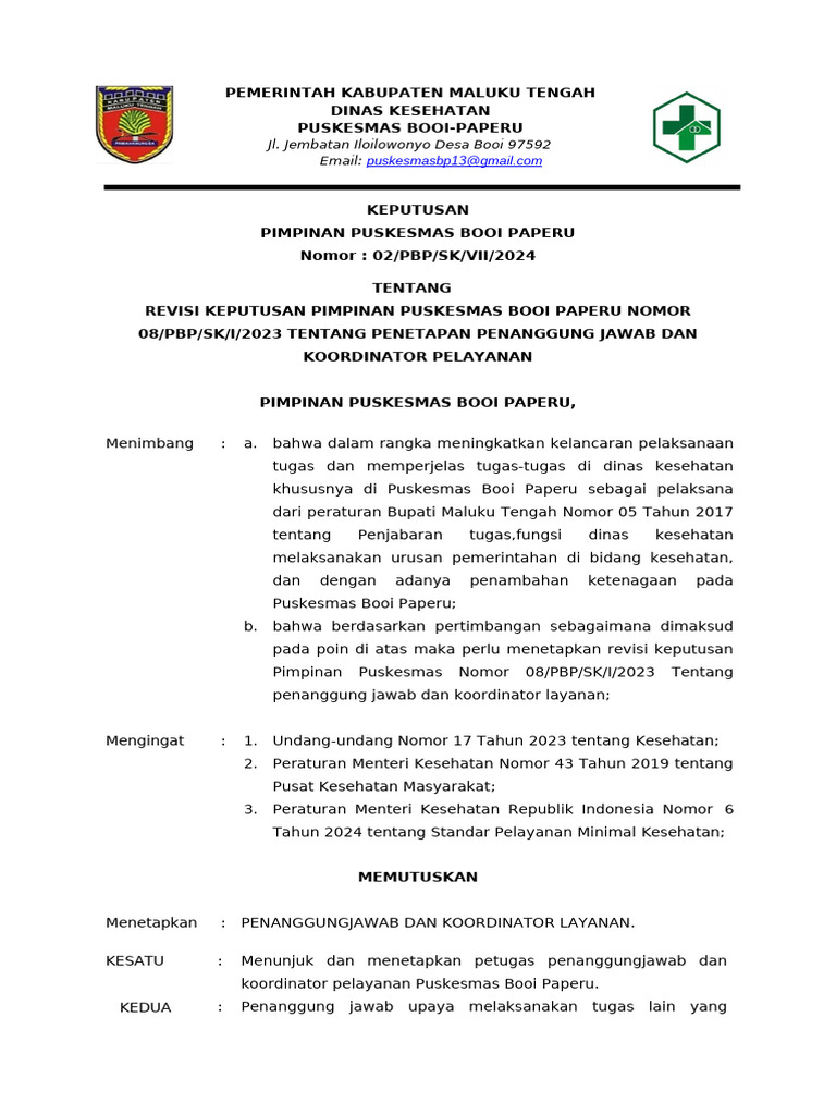 SK Penanggung Jawab Dan Koordinator Layanan Fix | PDF