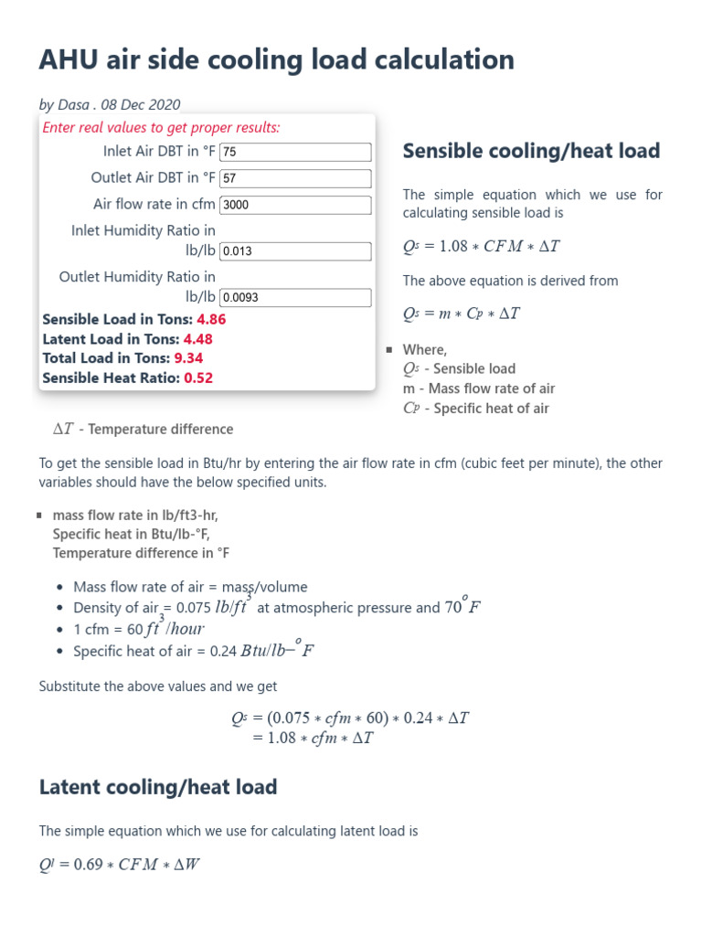 AHU air side cooling load calculation | PDF | Latent Heat | Flow ...