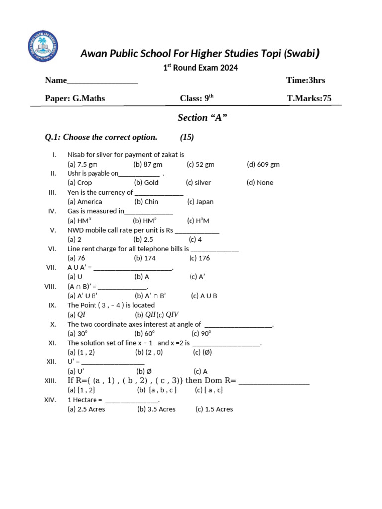 9th Grade G.Maths Exam 2024 | PDF | Economies | Money