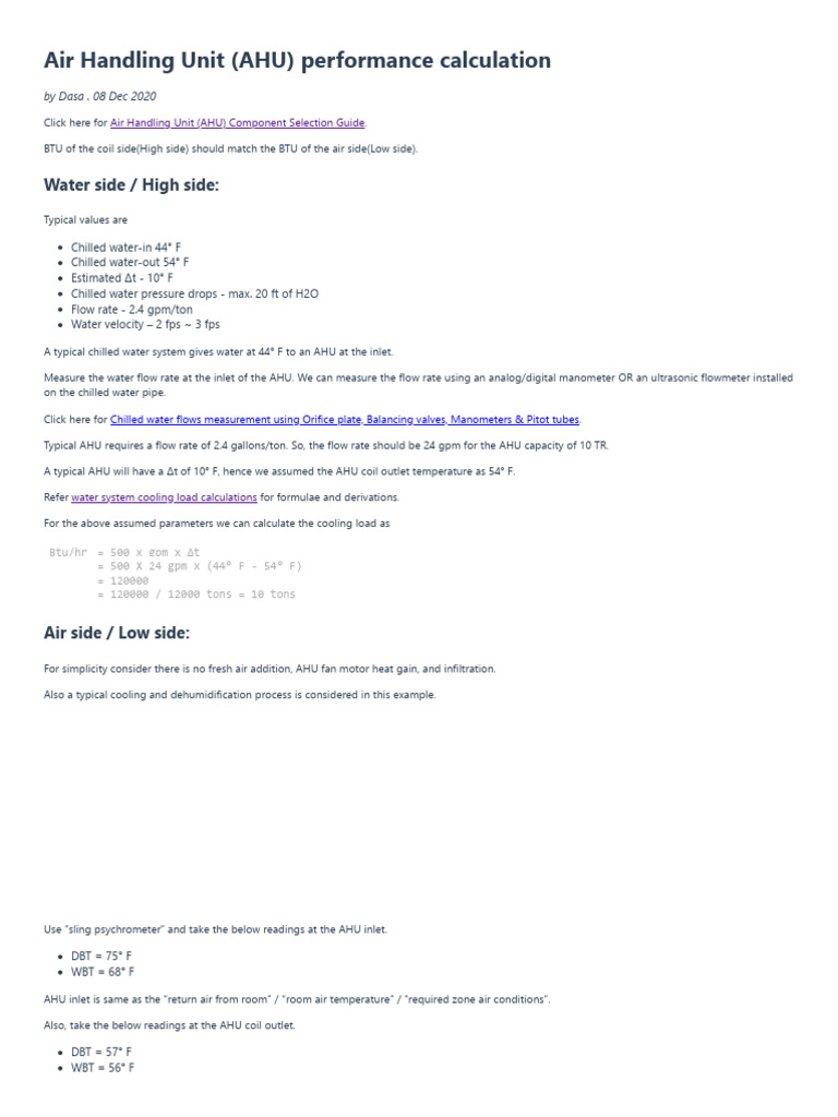 Air Handling Unit (AHU) Performance Calculation | PDF | Humidity | Flow Measurement