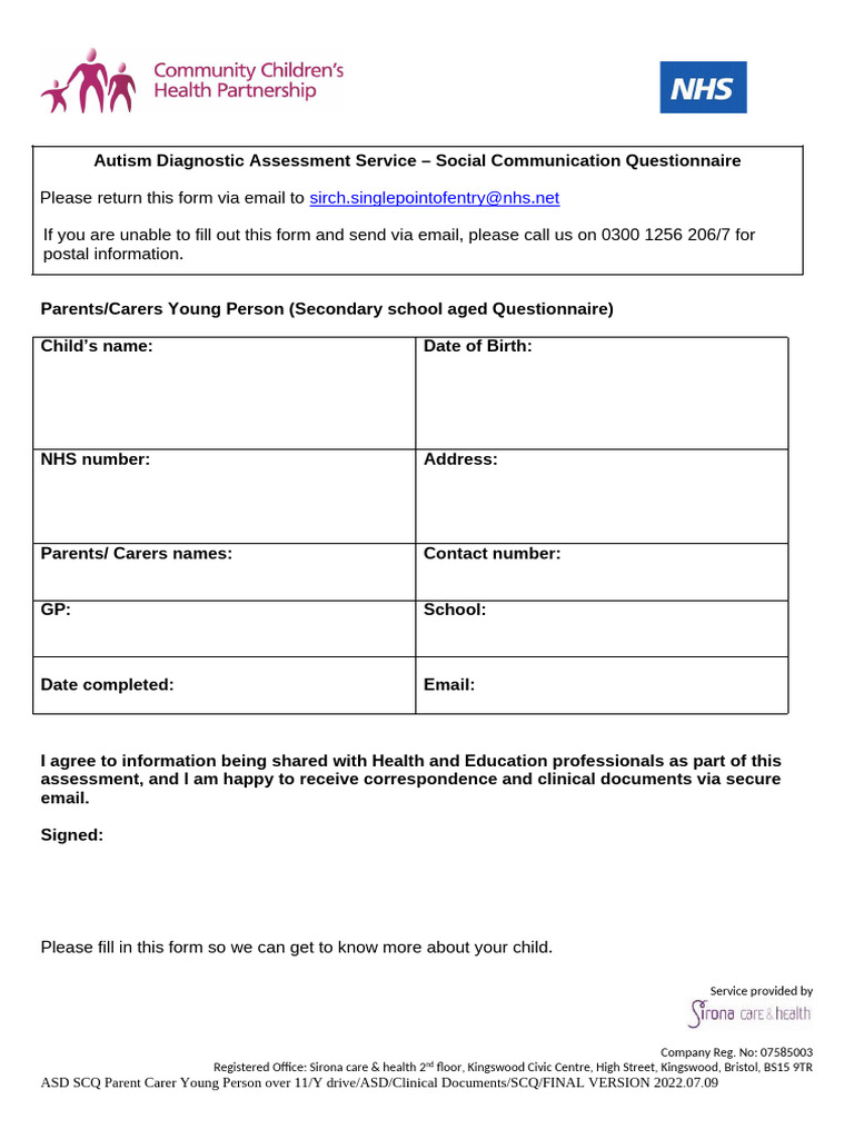 Social Communication Questionnaire Parent and Carer Fior Over 11s May ...