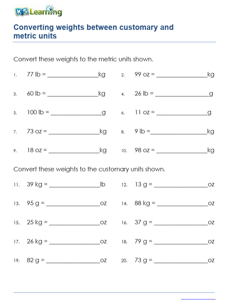 Grade 5 Converting Weights Customary Metric A | PDF