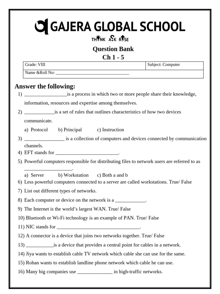 Grade 8 Computer Question Bank | PDF | Computer Network | Databases