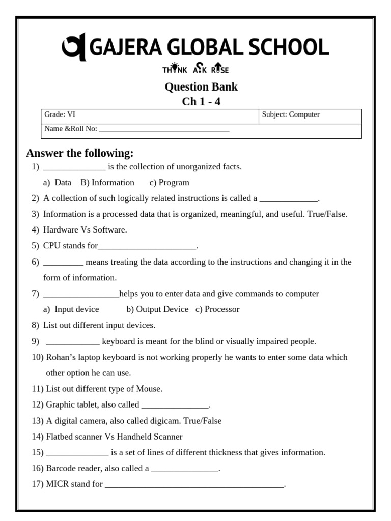 Grade 6 Computer Question Bank | PDF | Computer Data Storage | Random ...
