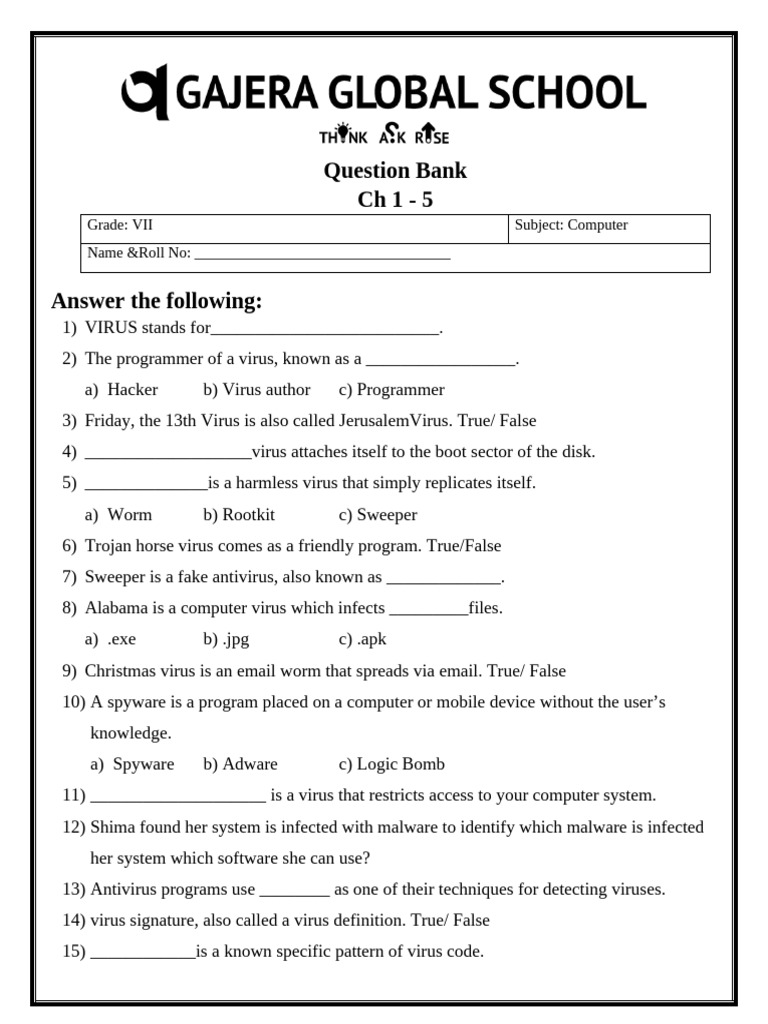 Grade 7 Computer Question Bank | PDF | Computer Virus | Antivirus Software