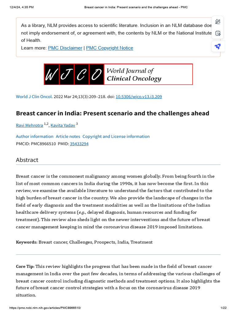 Breast Cancer in India - Present Scenario and The Challenges Ahead ...