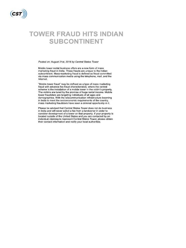 Tower Fraud Hits Indian Subcontinent - Central States Tower | PDF