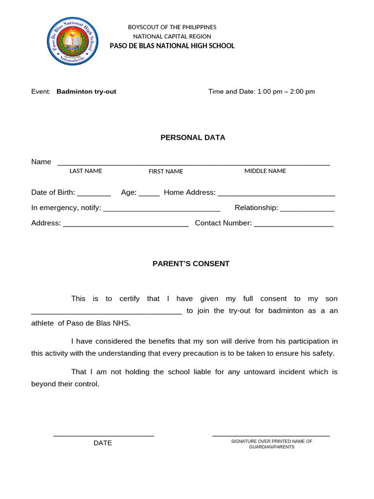 PARENTAL CONSENt Badminton Try Out | PDF