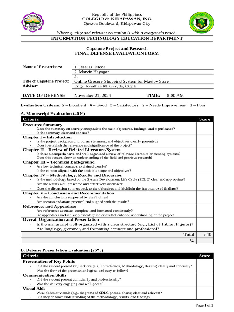 Final Defense Evaluation Form | PDF | Usability | Software Development Process