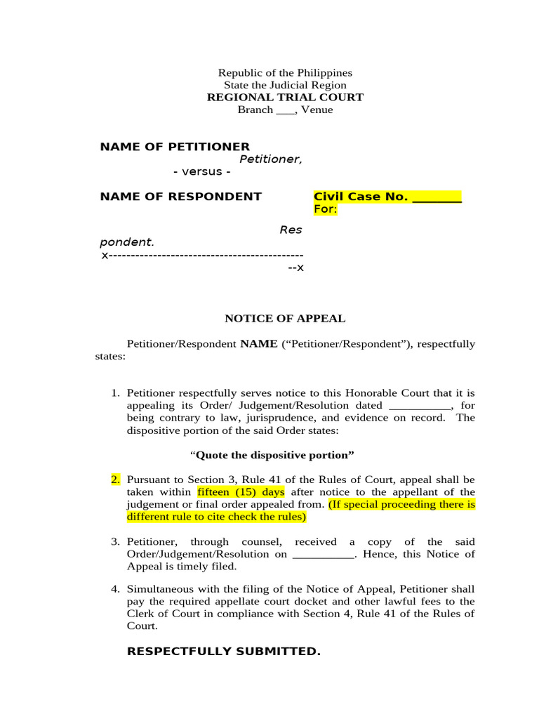 Notice of Appeal Sample (Philippines) | PDF