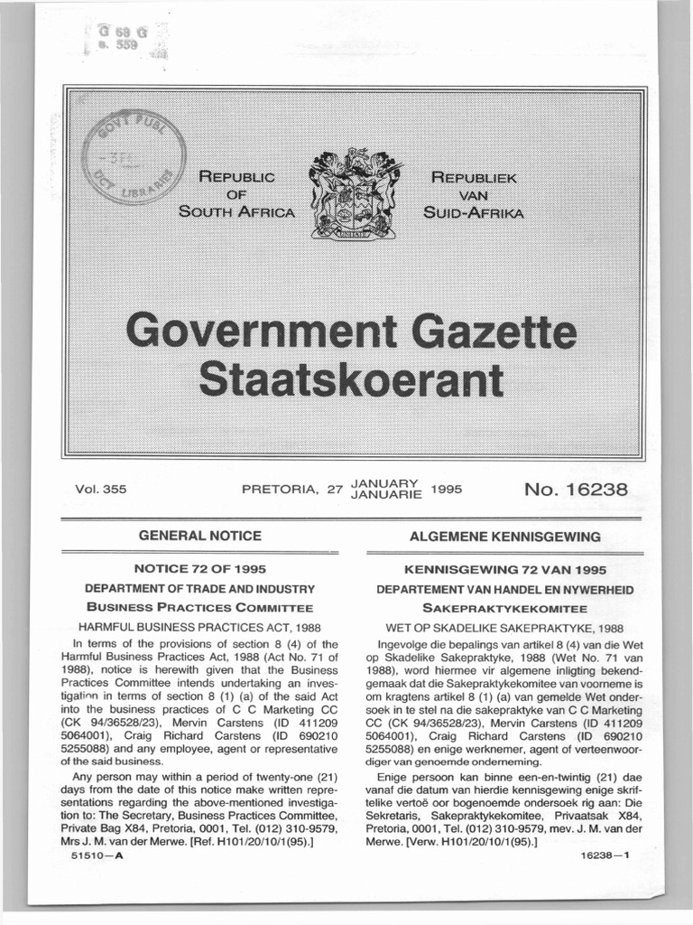 Za Government Gazette Dated 1995 01 27 No 16238 | PDF
