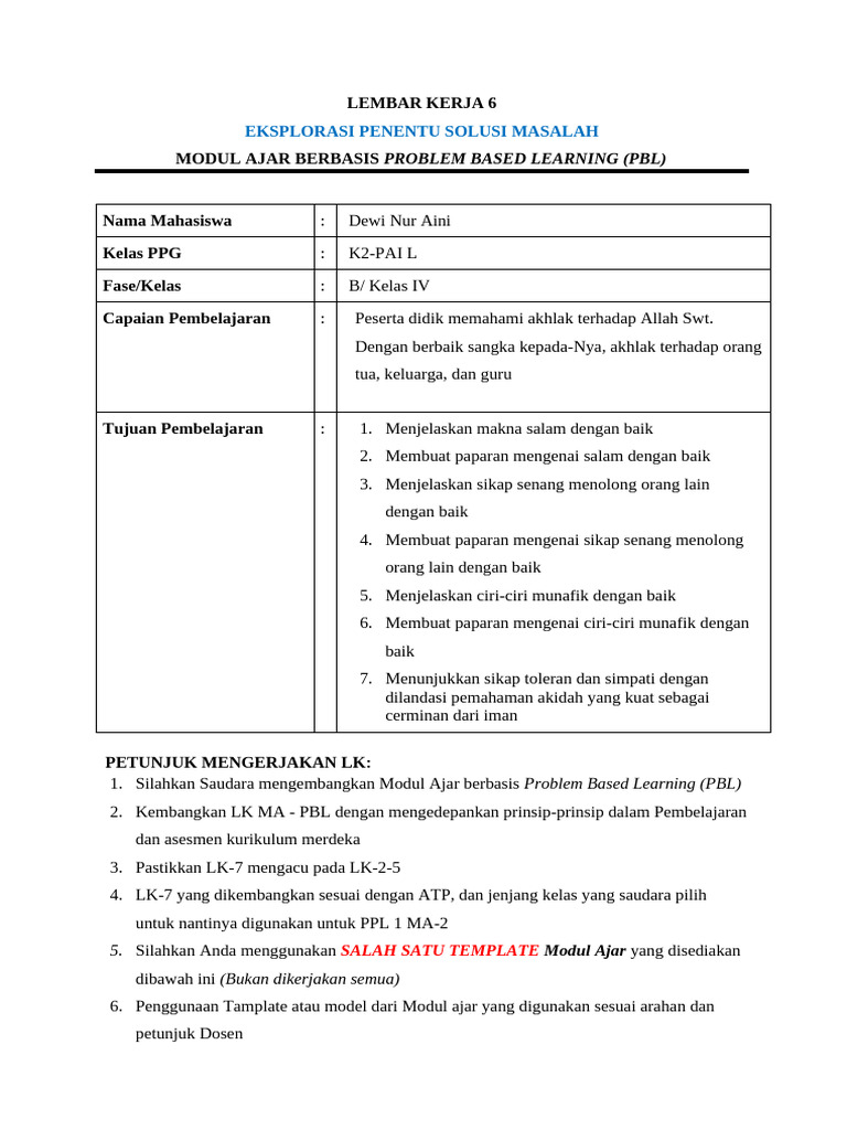 LK 6 - Penyusunan Modul Ajar PBL [K2] - Dewi Nur Aini(1) | PDF