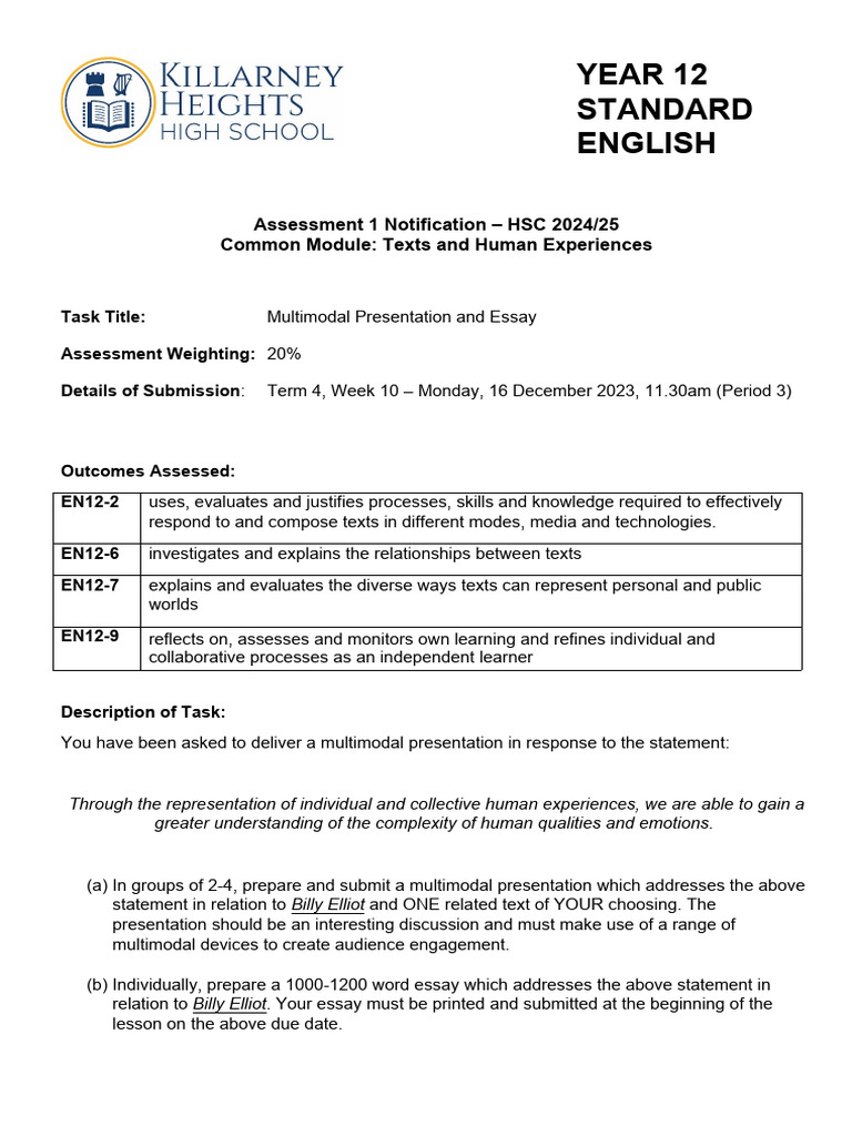 Year 12 Standard English: Assessment 1 Notification - HSC 2024/25 ...