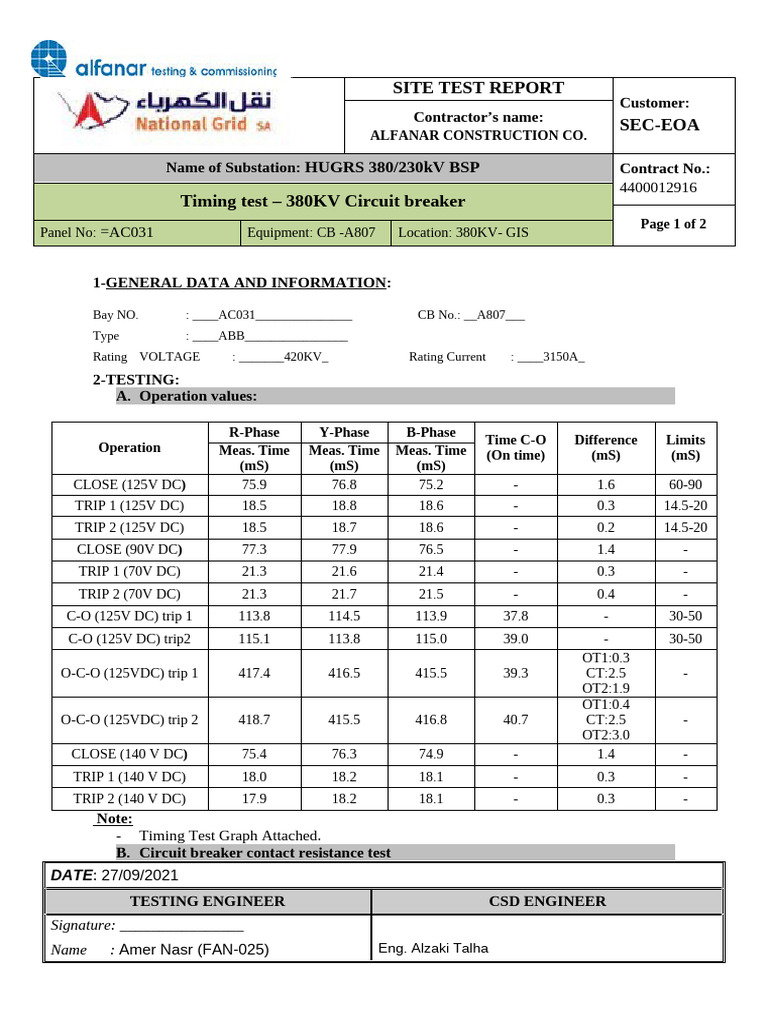 CB Timing - 380KV CB - A807 - AC031 | PDF | Electrical Substation | Electronics