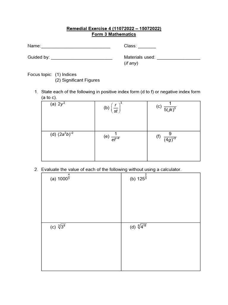 If Any: Remedial Exercise 4 (11072022 - 15072022) Form 3 Mathematics | PDF