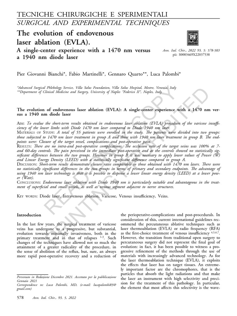 EVLA: 1470 nm vs 1940 nm Laser Outcomes | PDF | Varicose Veins | Vein