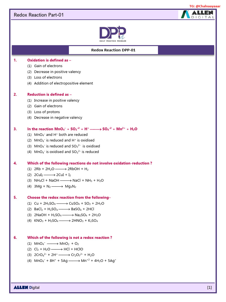 Redox Reactions: Definitions and Examples | PDF | Redox | Chemical ...