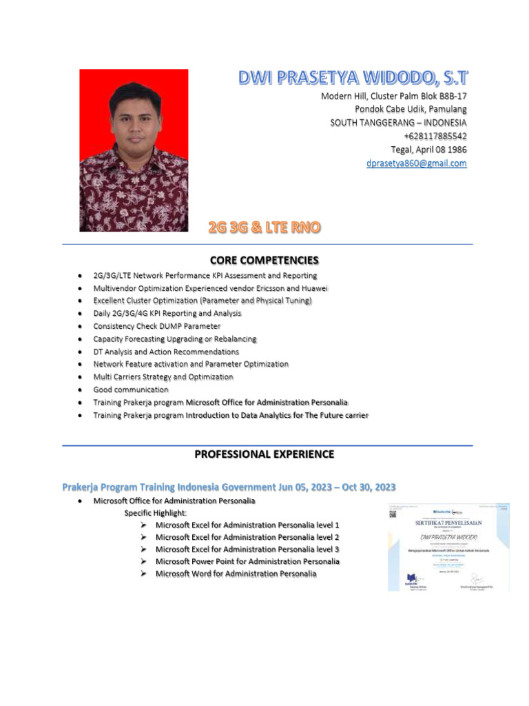 CV Dwi Prasetya Widodo 2024 | PDF | High Speed Packet Access | Lte (Telecommunication)