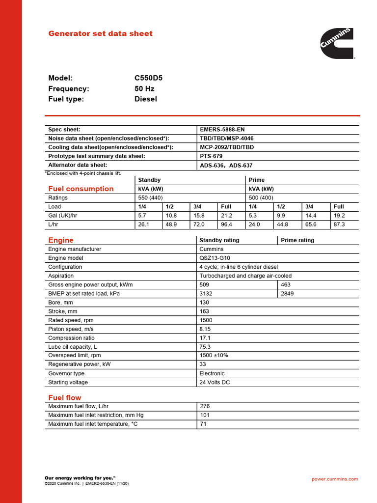 QSZ13-G10 Generator Data Sheet | PDF | Diesel Engine | Engines