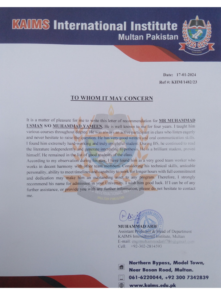 MR Arif Recommendation | PDF