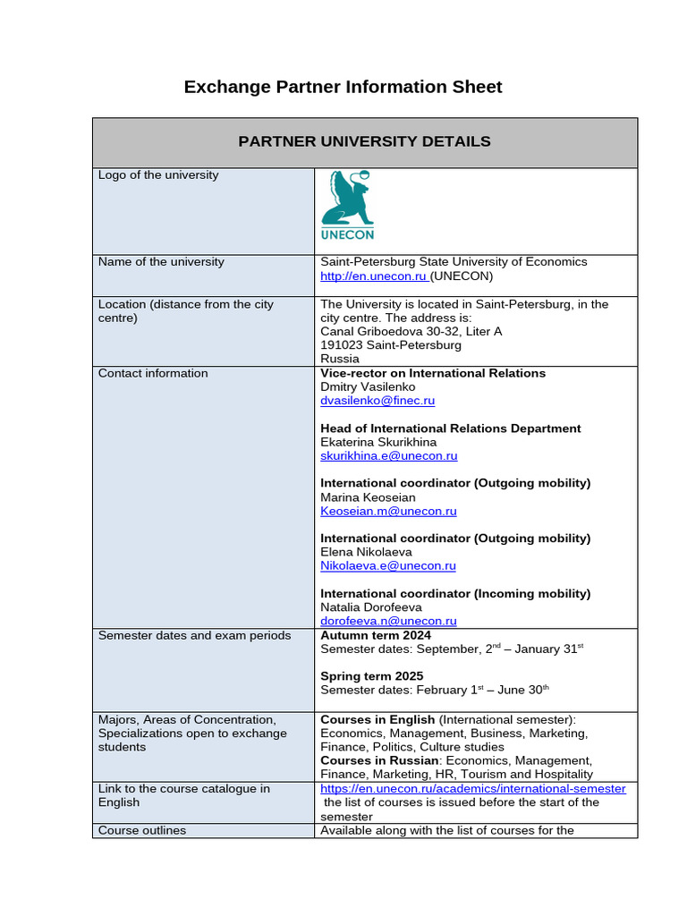 Exchange Partner Information Sheet - UNECON | PDF