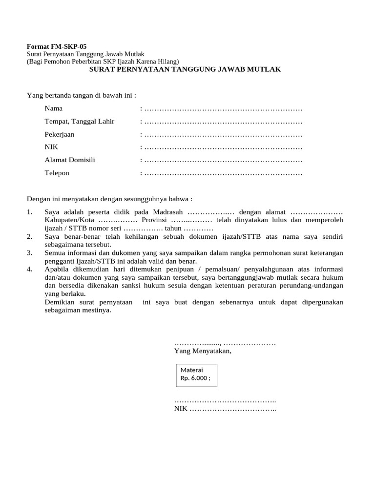 Form SPTJM Dan Pernyataan Ijazah Hilang | PDF
