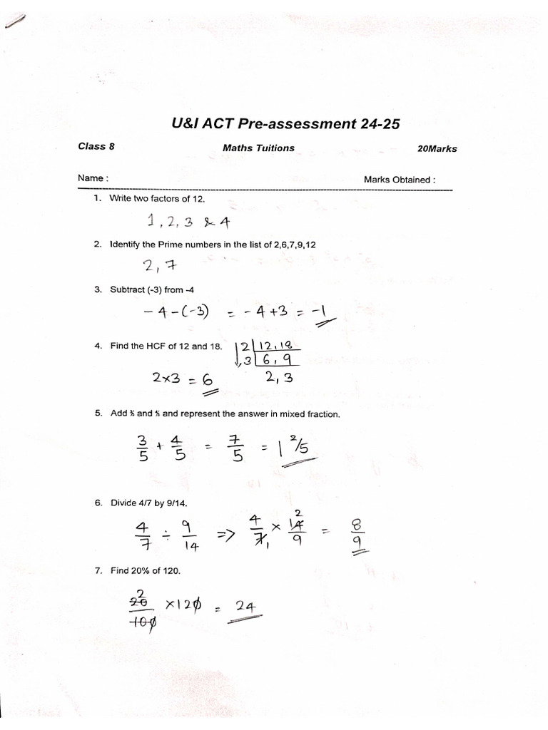 Class 8 Answer Key Pdf