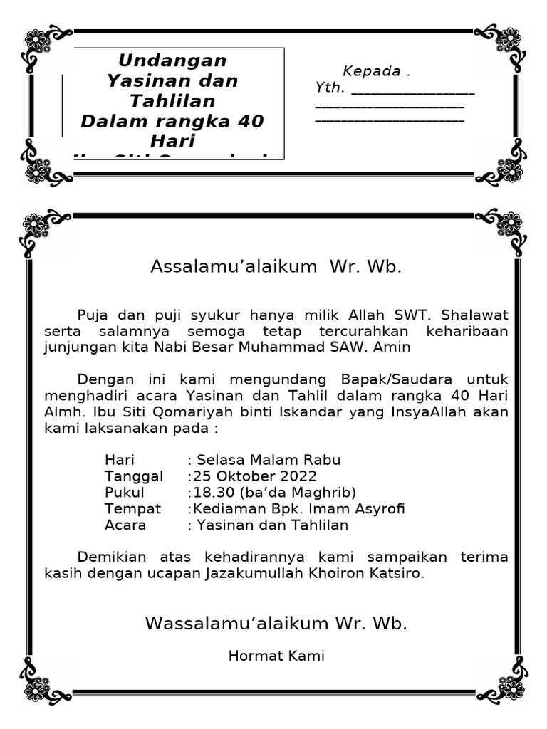Undangan Yasinan 40 Hari Ibu Siti Qomariyah | PDF