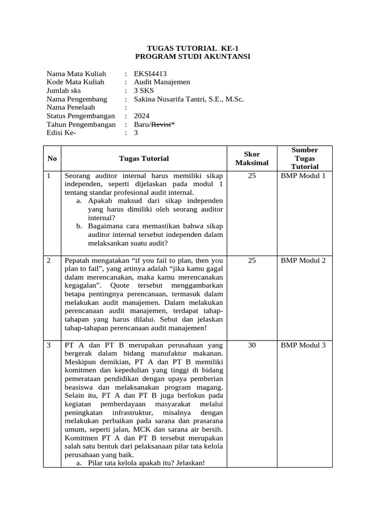 Tugas 1 HABIL AL KARIM 050019606 Audit Manajemen | PDF