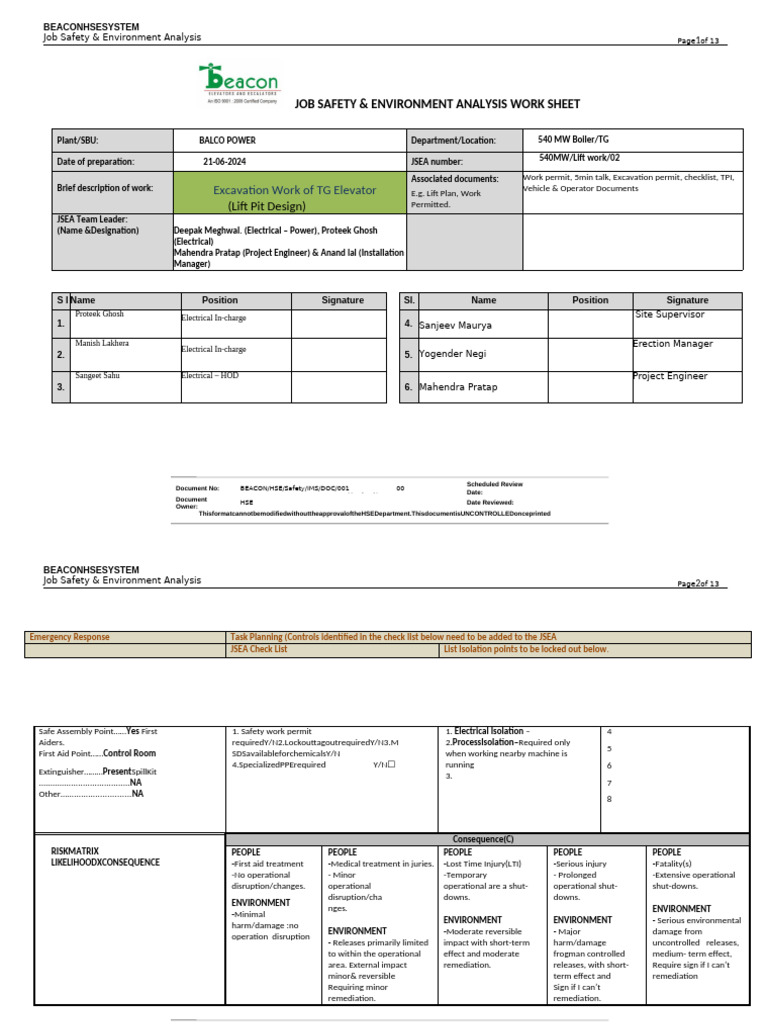 JSA FOR Excavation of TG Lift Pit - BALCO | PDF | Hazards | Personal ...