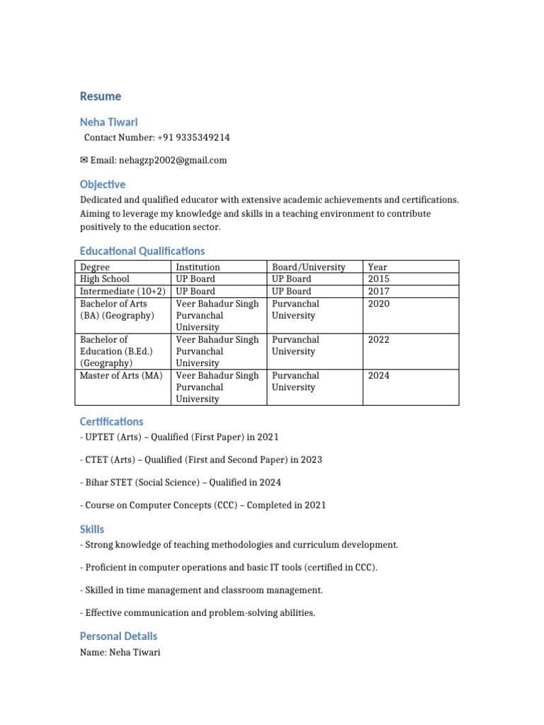 Neha Tiwari Resume | PDF