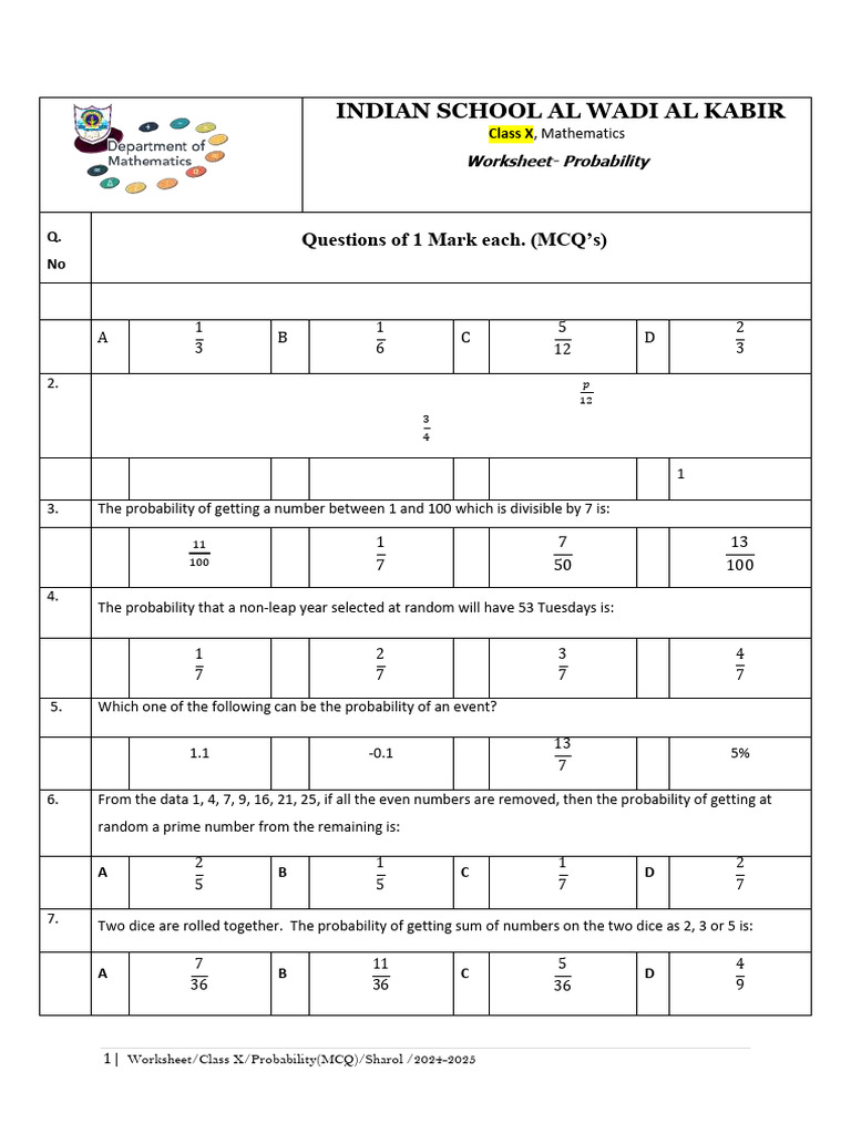 2041482-CL10 - WS - Probability (MCQ) - Sharol - 2024-2025 | PDF ...