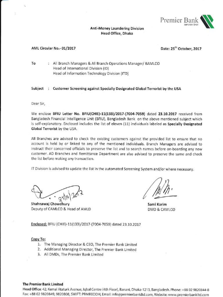 AML Circular No # 01-2017-Customer Screening Against Specially Designated Global Terrorist by ...