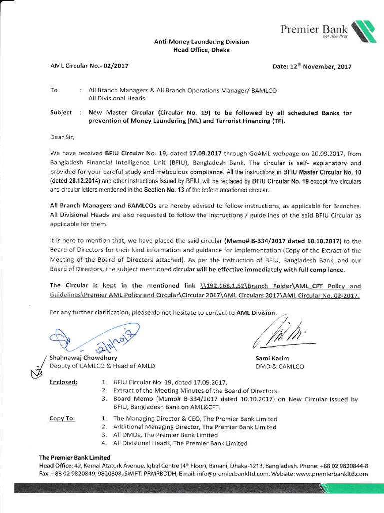 AML Circular No # 02-2017 On New Master Circular No. 19-Prevention of Money Laundering (ML) and ...