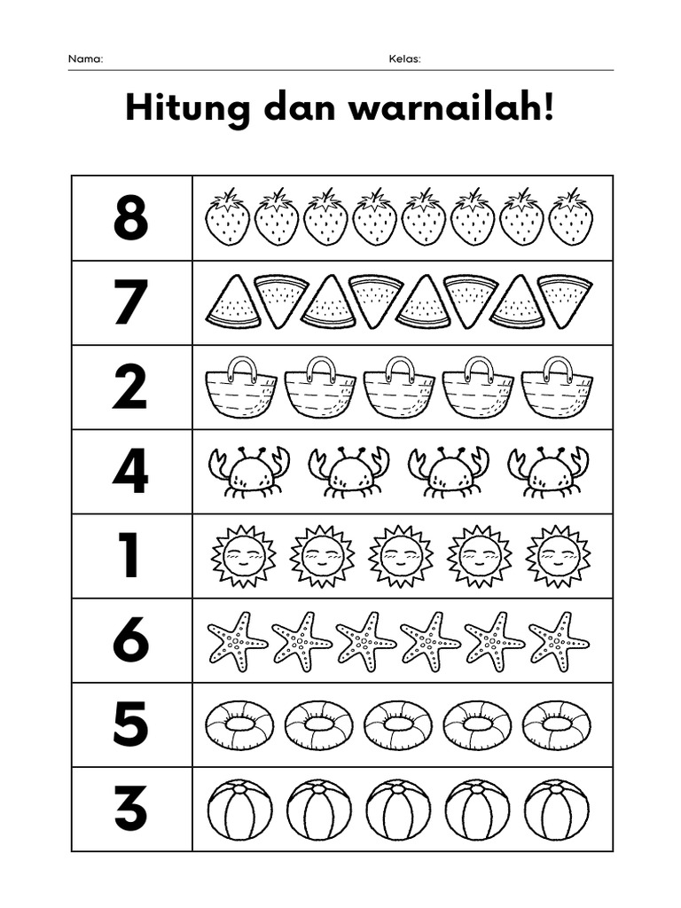 Summer Count and Color Math Worksheet in Monochromatic Minimalist Style ...