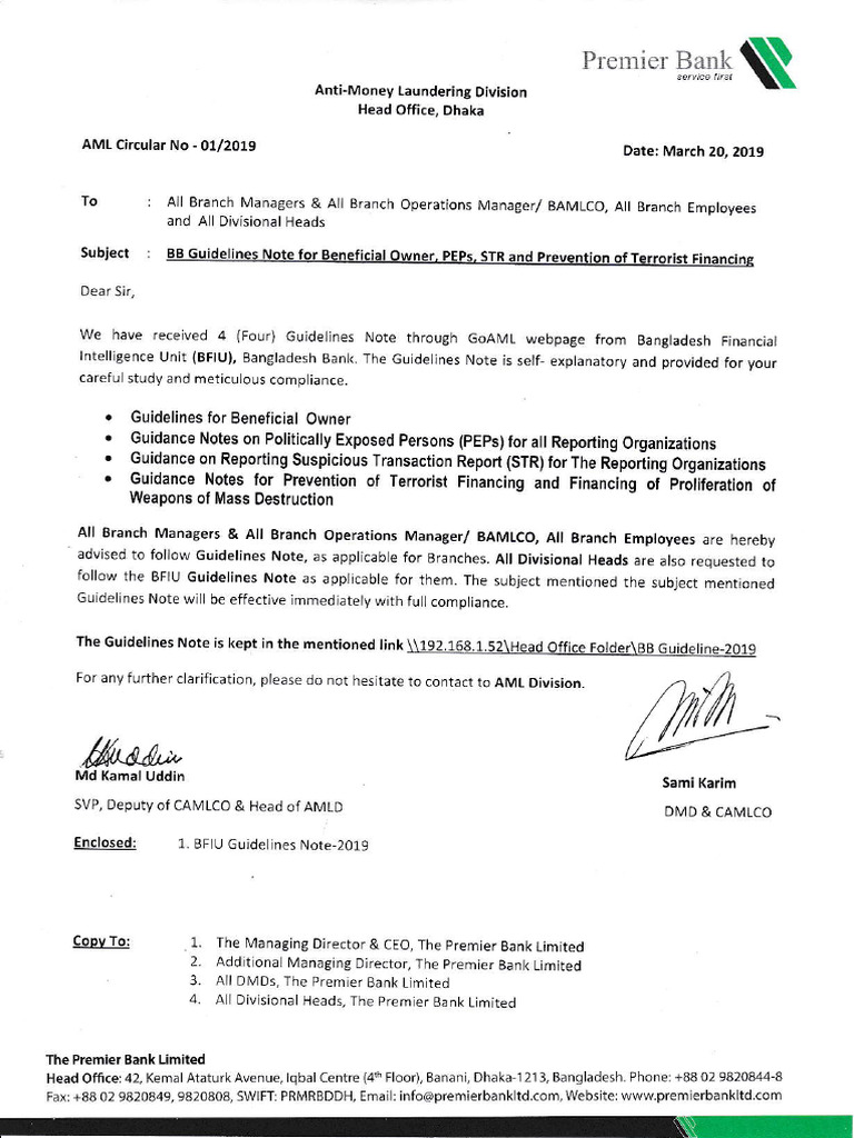 AML Circular No-01-2019-BB Guidelines Note For Beneficial Owner, PEPs, STR and Prevention of ...