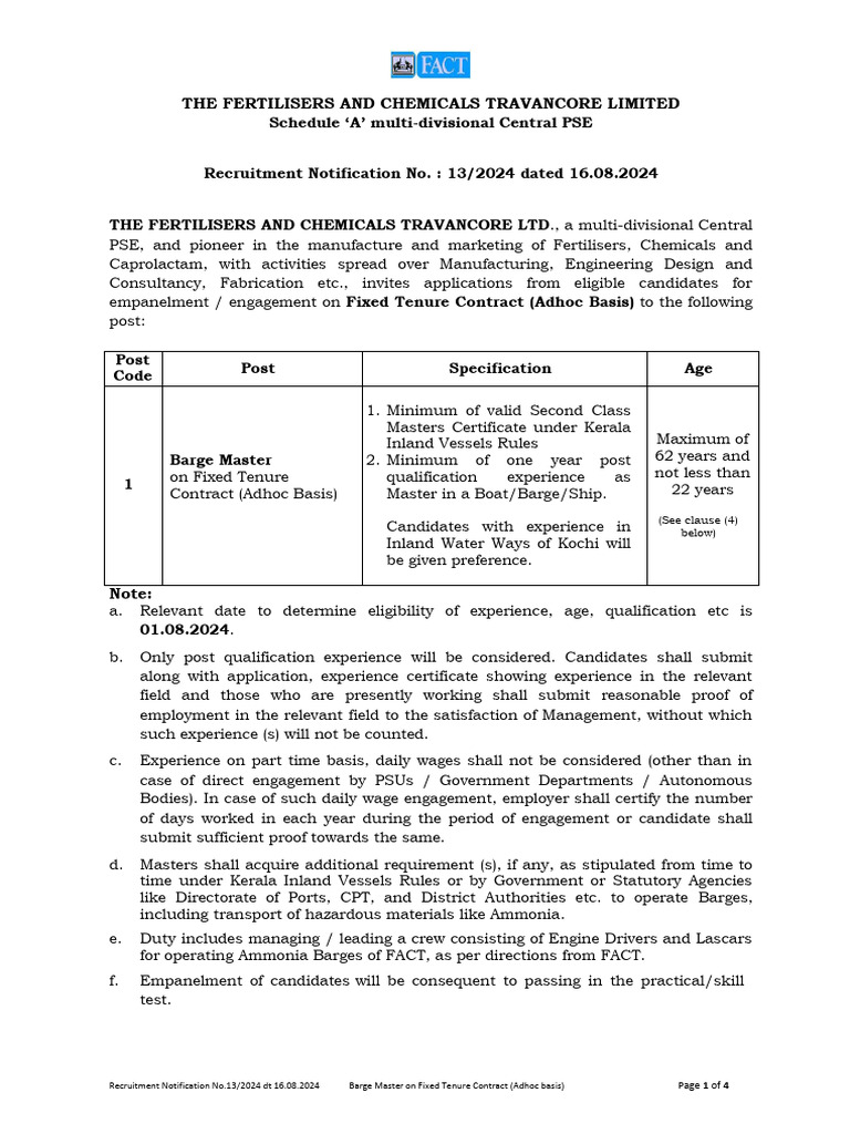 Barge Master Recruitment Notification 2024 | PDF | Justice | Crime ...